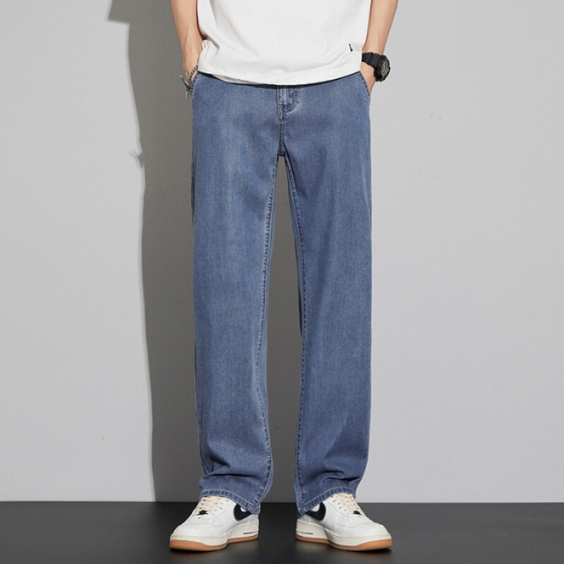 Охоты Брюки JYL Новые тонкие джинсы мужские высокий пояс широкие прямые широкие штаны