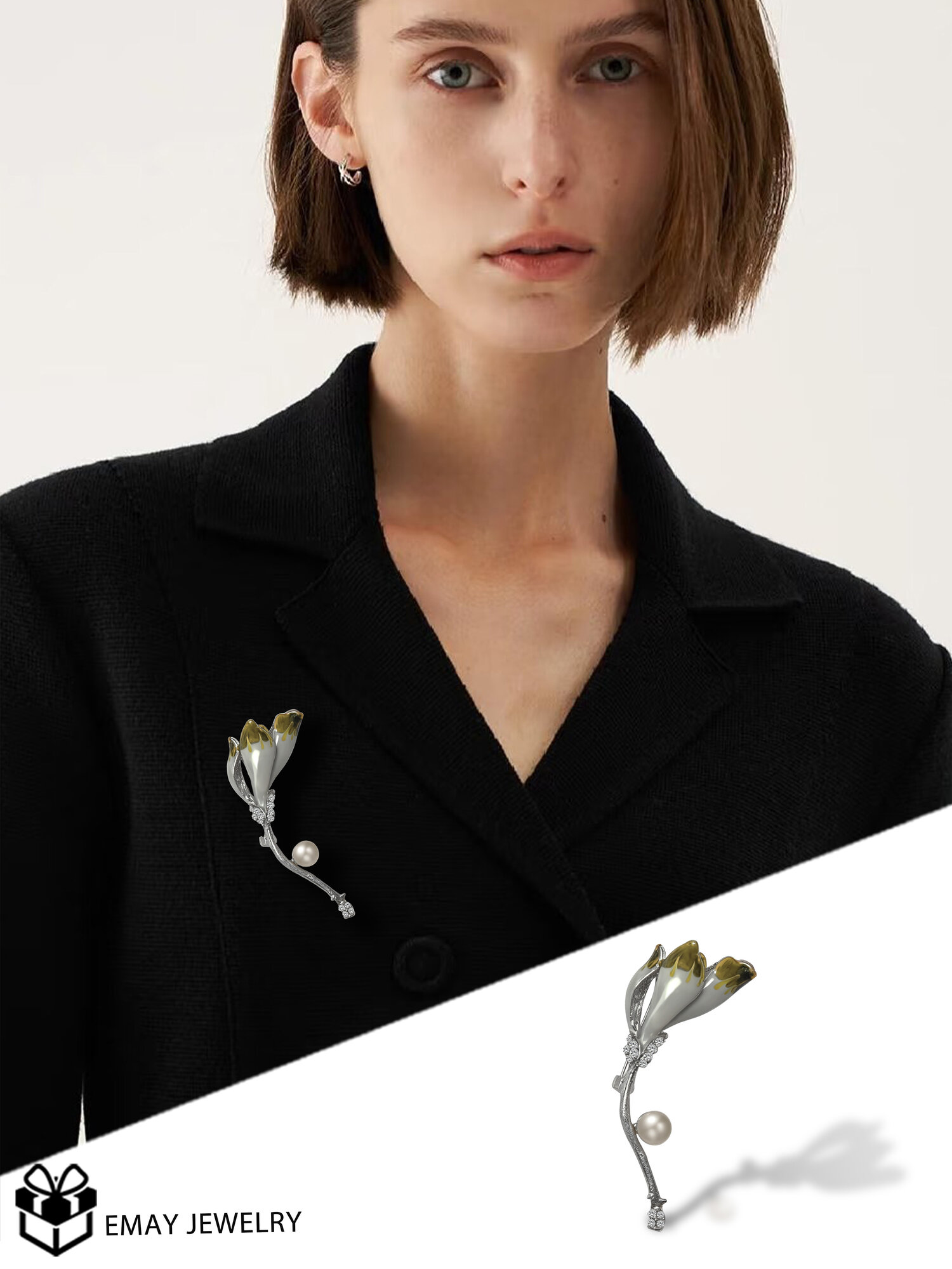 Брошь, жемчуг имитация, эмаль