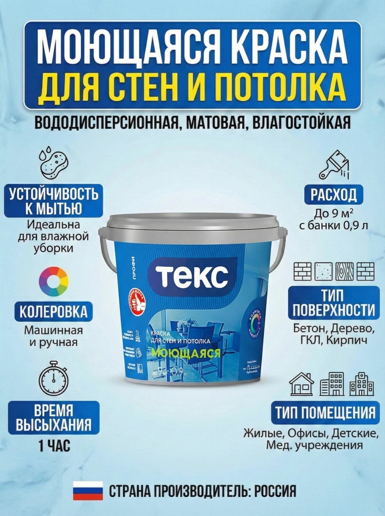 Краска для стен моющаяся белая матовая без запаха, интерьерная влагостойкая для стен и потолков, 0,9 л, текс, вододисперсионная