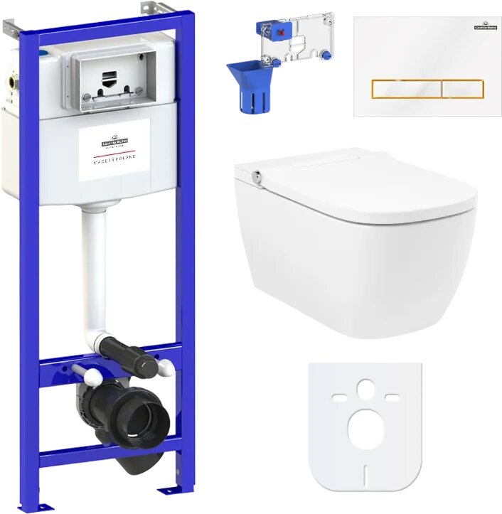 Комплект Lavinia Boho Унитаз подвесной Smart V-Clean 3359101R безободковый, с микролифтом / Инсталляция RelFix 38010010 / Кнопка белая, золотой глянец, Дозатор