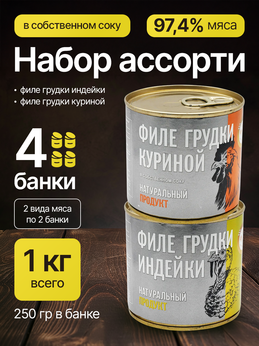 Консервы филе грудки куриной и грудки индейки, натуральное, в собственном соку, 4 шт, по ГОСТ