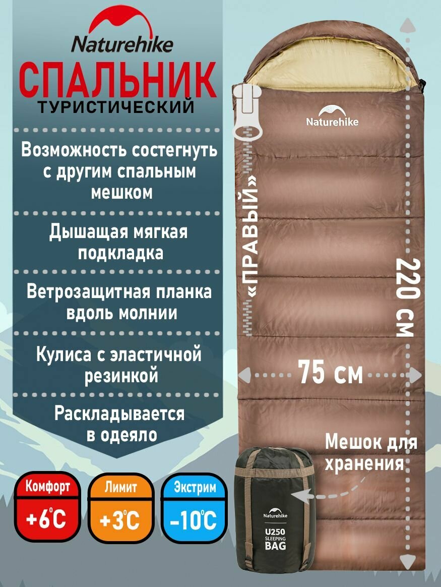 Туристический спальный мешок, спальник Naturehike U250 с капюшоном, коричневый, молния справа, NH20MSD07