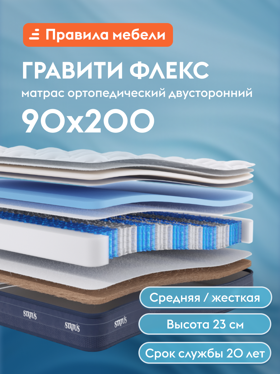 Матрас Гравити флекс 90х200 см, ортопедический, независимые пружины, двусторнний, жесткий, средний, Белый