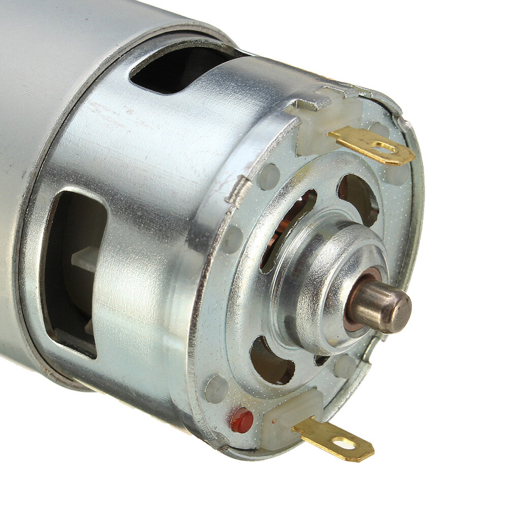 Мотор DC 775 12V-36V 3500-9000RPM с шариковым подшипником, M4, 2 mounting holes, вентилятор охлаждения, диаметр вала 5mm, длина вала 17mm, длина корпуса 66.7mm, диаметр корпуса 42mm, общая длина 98mm, диагональный шаг установки 28.8mm, 1 шт.