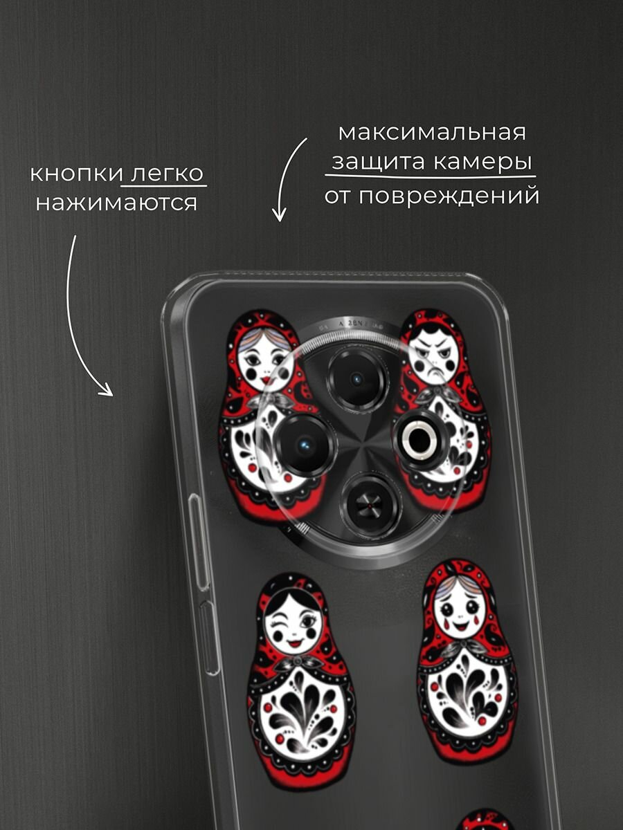Чехол на Tecno Spark 30C / Текно Спарк 30C с принтом Разные матрешки, прозрачный — фото 1
