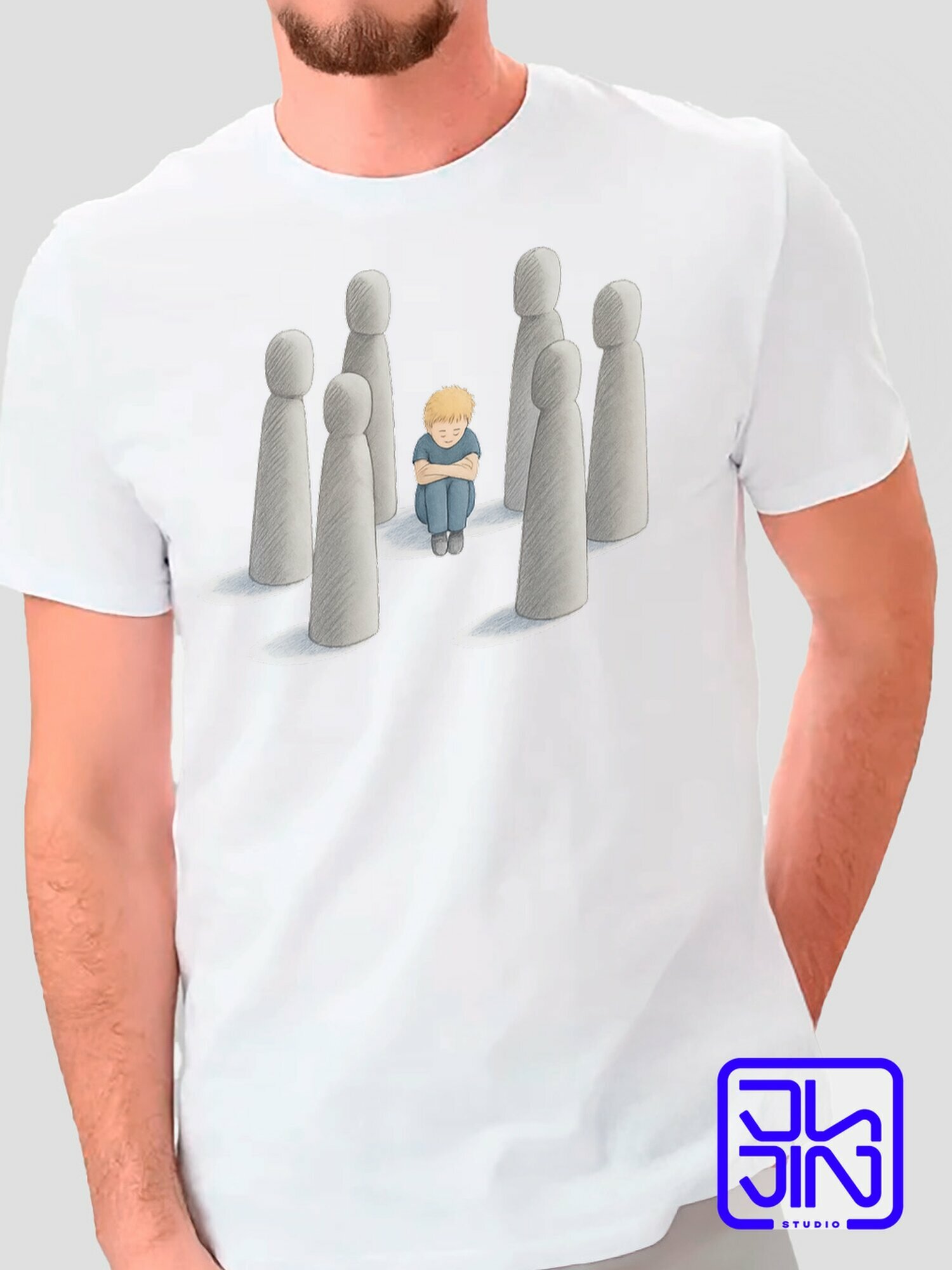 Футболка классическая мужская с авторским принтом Мальчик со смыслом среди серых, графитовых пешек в минималистичном стиле, белый хлопковый трикотаж с прикольным рисунком на груди