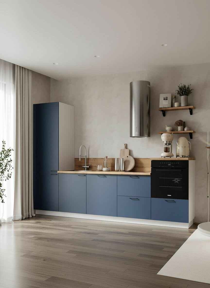 ARNIKA Кухонный гарнитур со столешницей "Дакия" 3м х 2,4м, цвет ежевика (синий), фасад пленка ПВХ