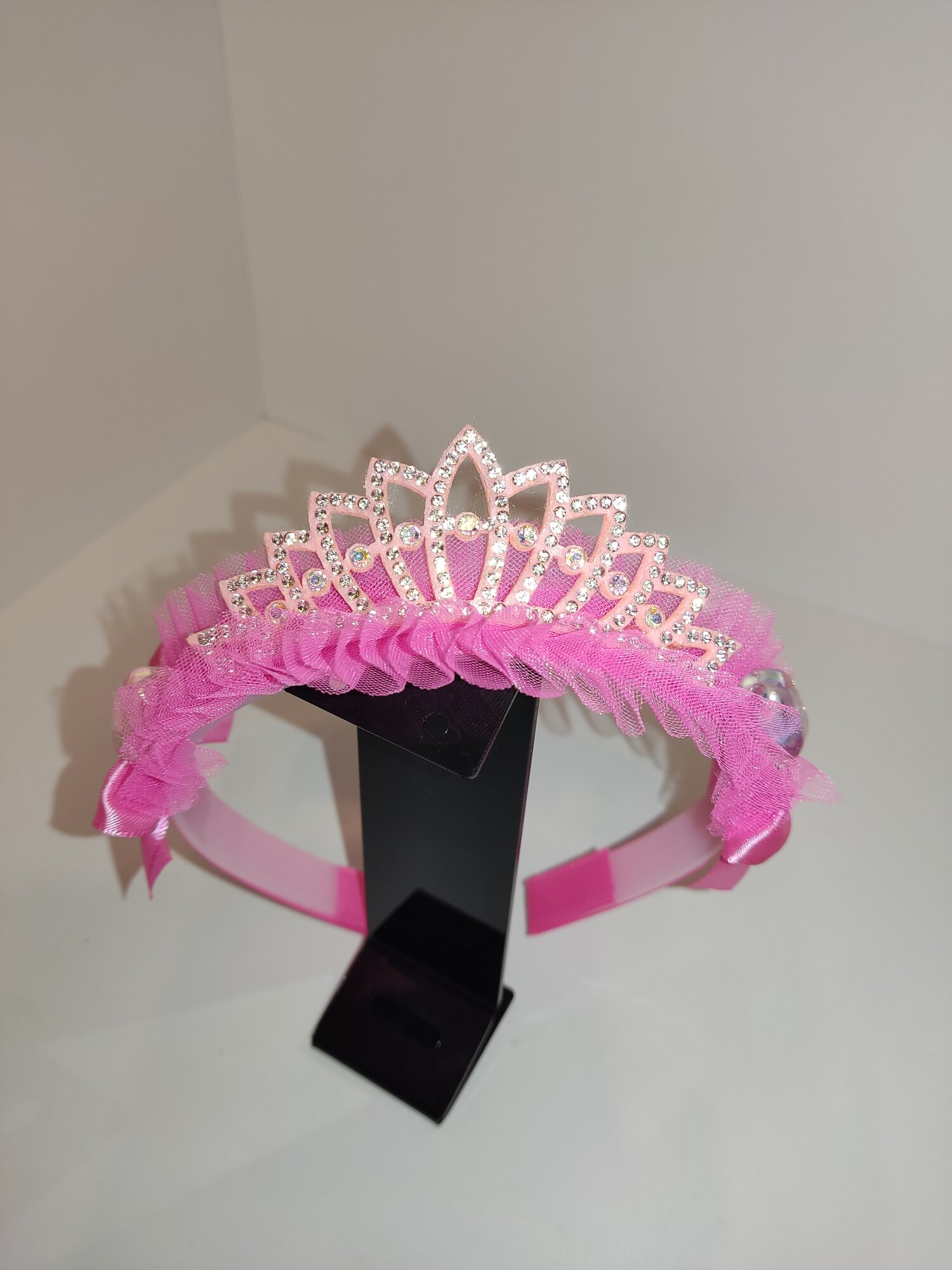 Ободок для волос "Корона", ярко-розовый, пластик, органза, стразы