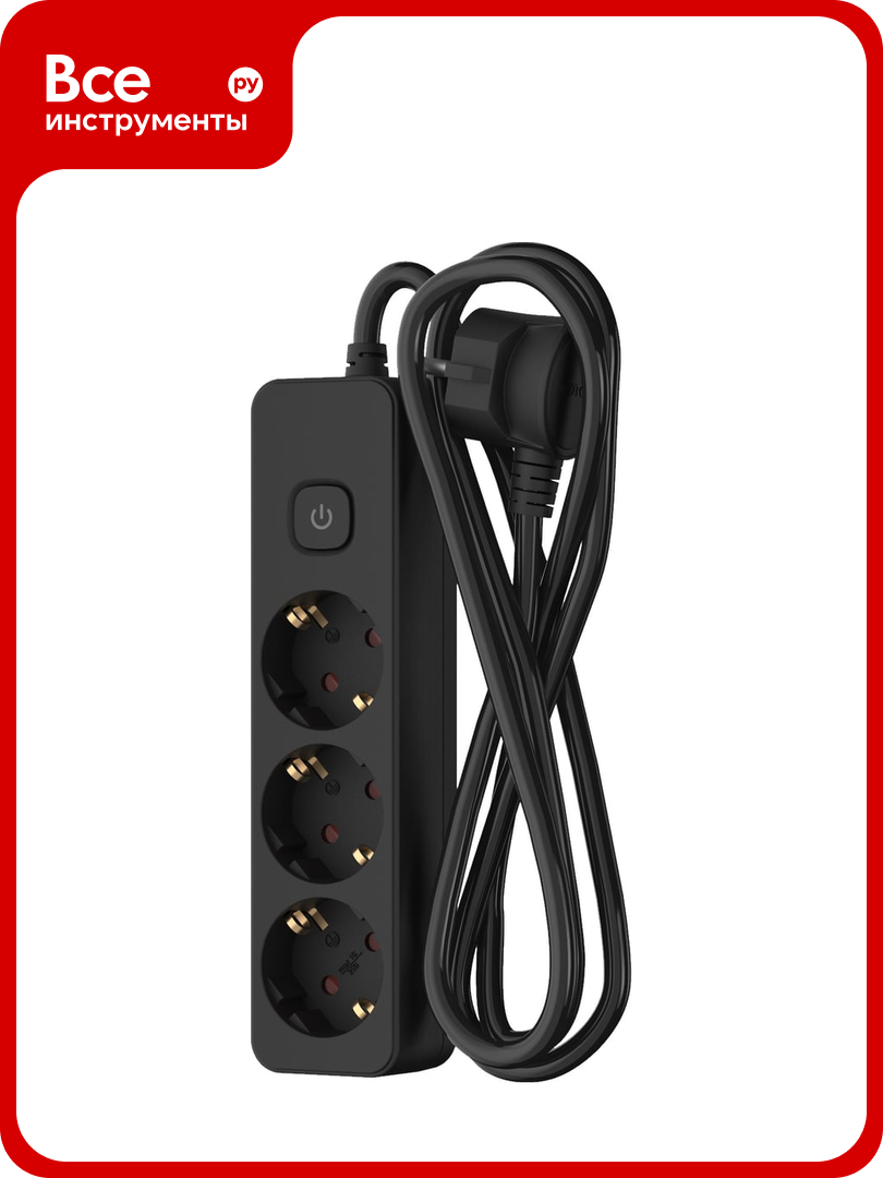 Сетевой удлинитель фотон , 2м, 3 розетки, 16А, с выключателем, с заземлением, Черный 24754, 3х1,0мм, из термоустойчивого