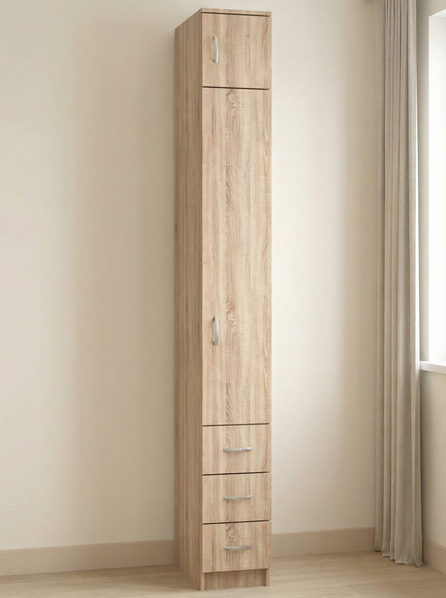 Узкий шкаф-пенал с антресолью и 3 ящиками Шелли-20А, ШхГхВ: 30х50х240 см