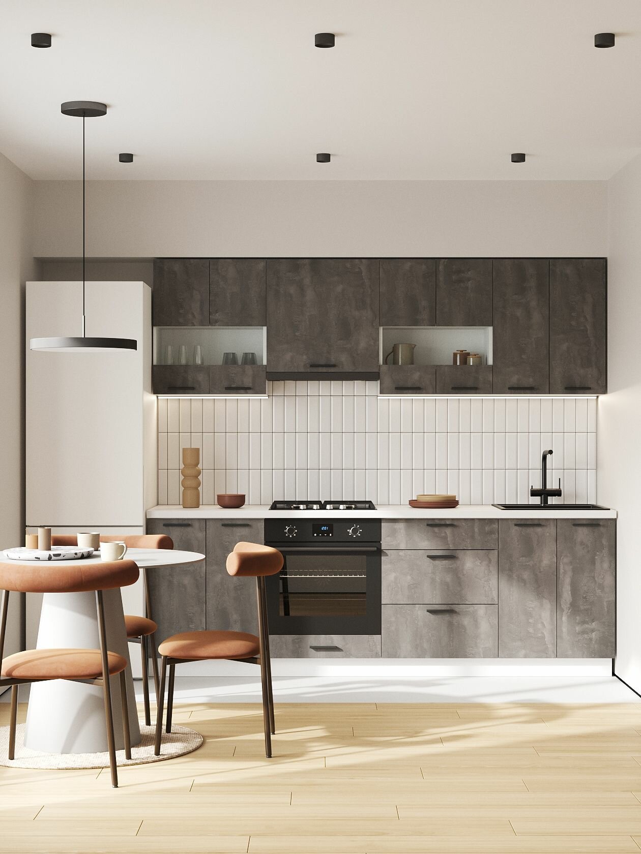 Кухонный гарнитур Урбан 2.4 м, мебель для дома и кухни, Белый / Камень темный со стеклом