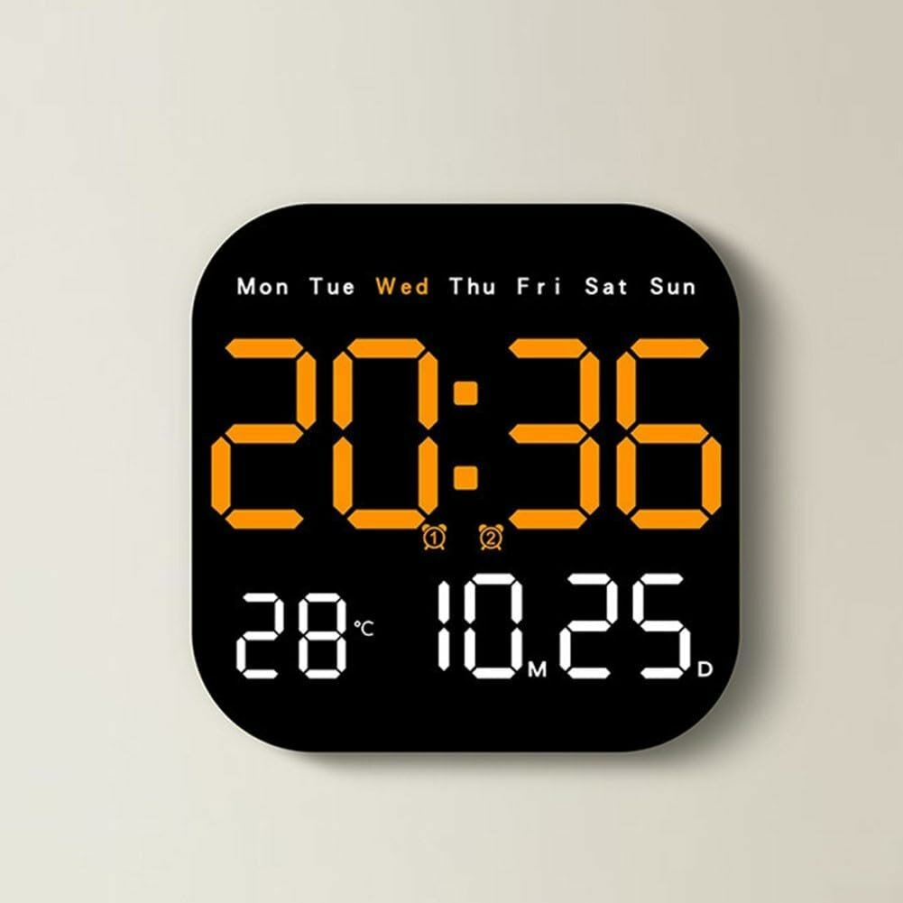 Релог настенный цифровой, будильник с большим дисплеем и пультом дистанционного управления, цифровой реloj с ночным освещением, датой, днем недели, температурой для спальни (оранжевый), размер 18.5*2.8*18.5 см, материал пластик, в комплект входят 1 реloj