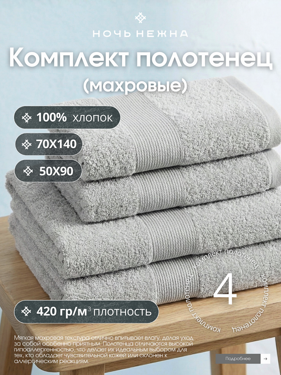 Полотенце банное махровое Ночь Нежна набор 4 шт. серый