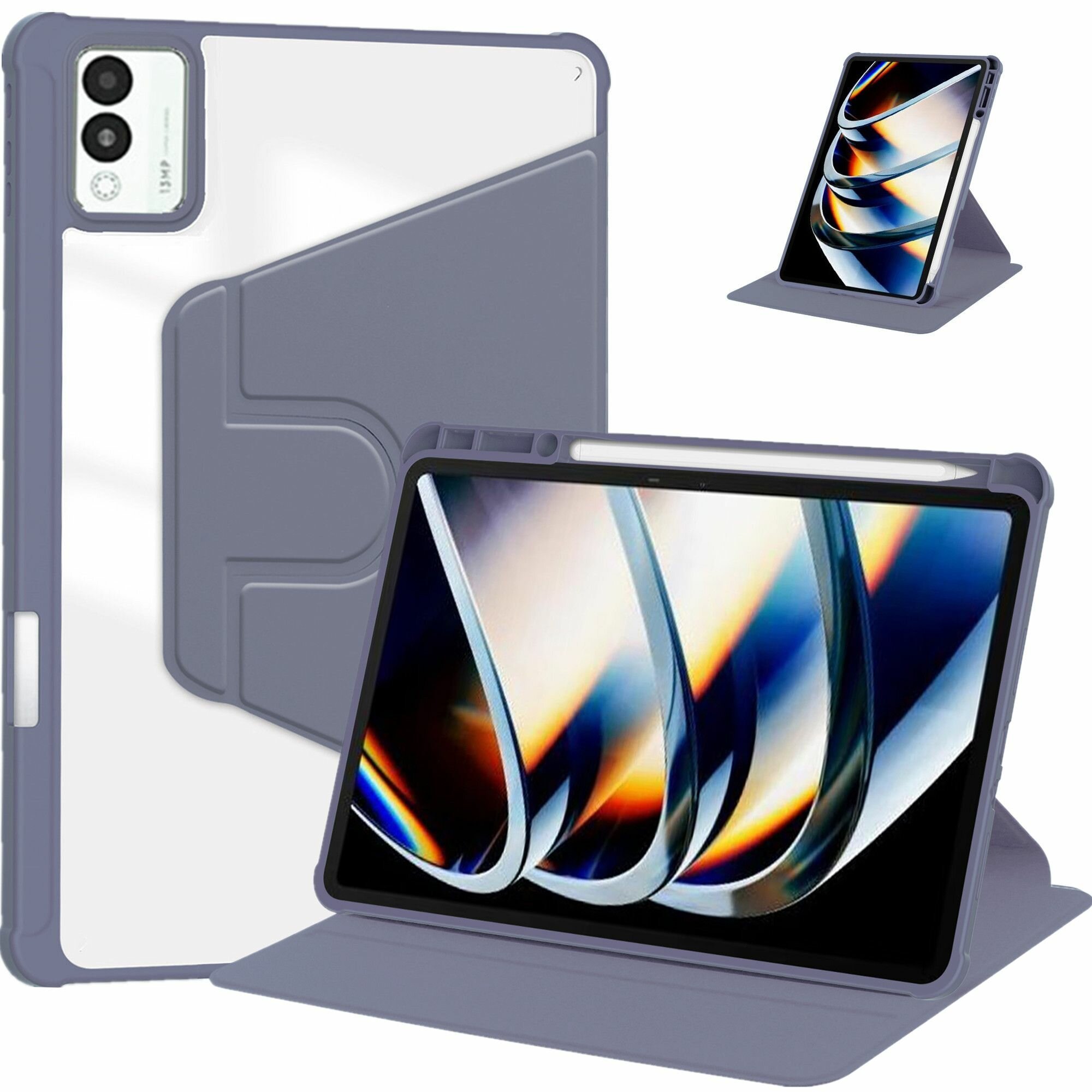 Чехол для Tecno MegaPad 11 /Техно МегаПад 11" , Чехол с отделением для ручки и вращающейся подставкой, искусственная кожа + прозрачный акрил