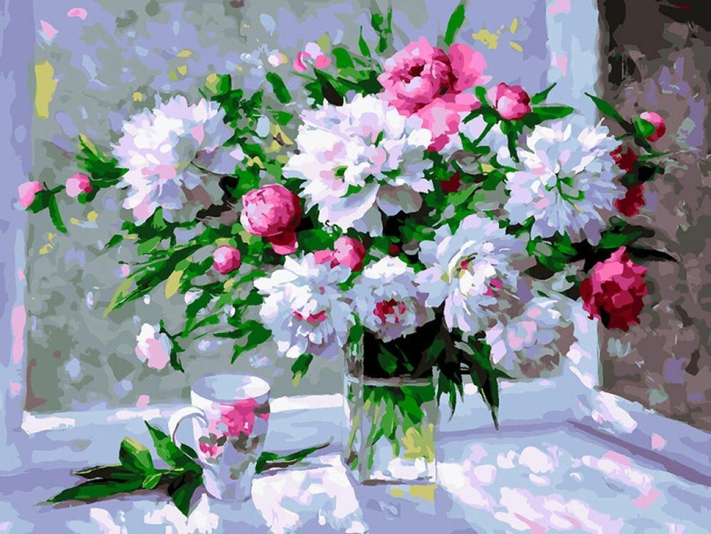 Картина по номерам Белоснежка на холсте с подрамником "Пионы на окне" Раскраска 30х40 см, Цветы