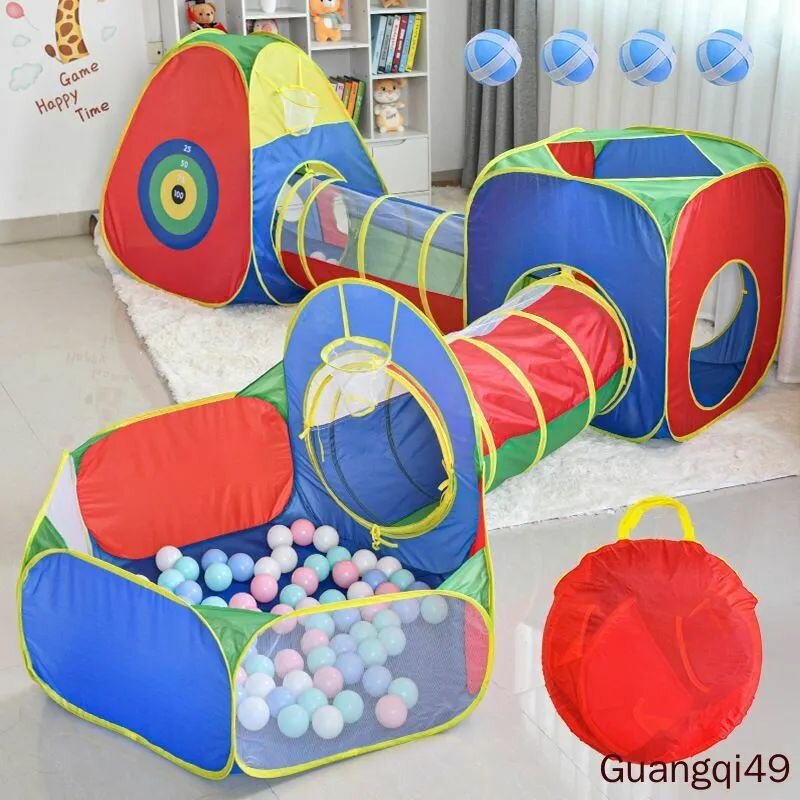 Детские палатки, крытые игровые домики, туннели для ползания и баскетбольные площадки (без мячей).