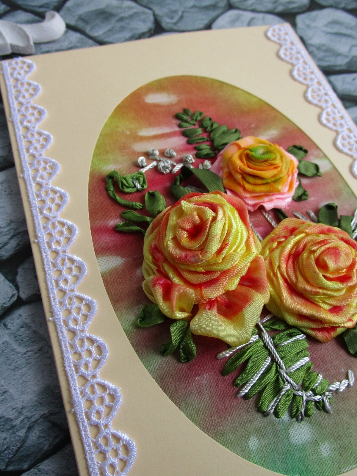 Открытка "Розы", ручная работа, двойная, подарочная коробочка, 20x13.5 см