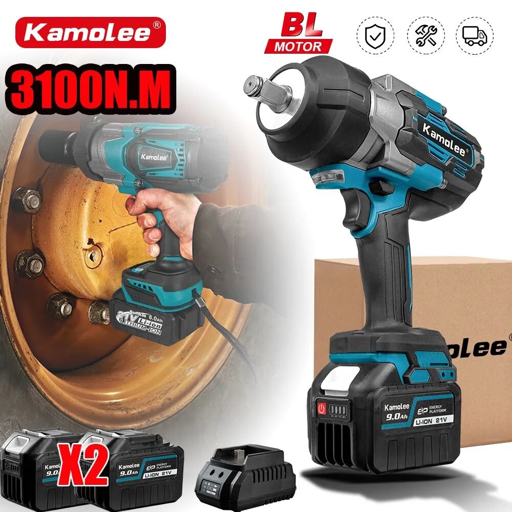 Бесщеточный электрический ударный гайковерт kamolee 3100 Н. м, 1/2 дюйма, 5000 Вт, 15000 об/мин, упакован в гофрокороб (аккумулятор 9,0 Ач*2 + зарядное устройство)