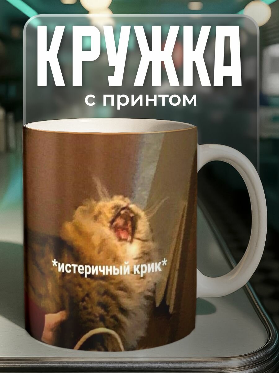 Кружка с принтом Мем котик, истеричный крик