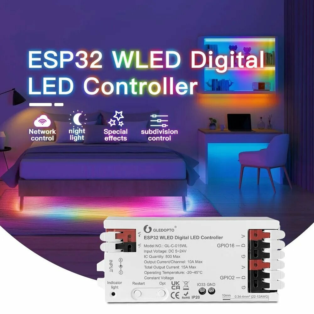GLEDOPTO ESP32 WLED контроллер для динамической RGB ленты с управлением через приложение, простая установка, совместим с WS2811, WS2812, SK6812, TM1814, WS2813, WS2815