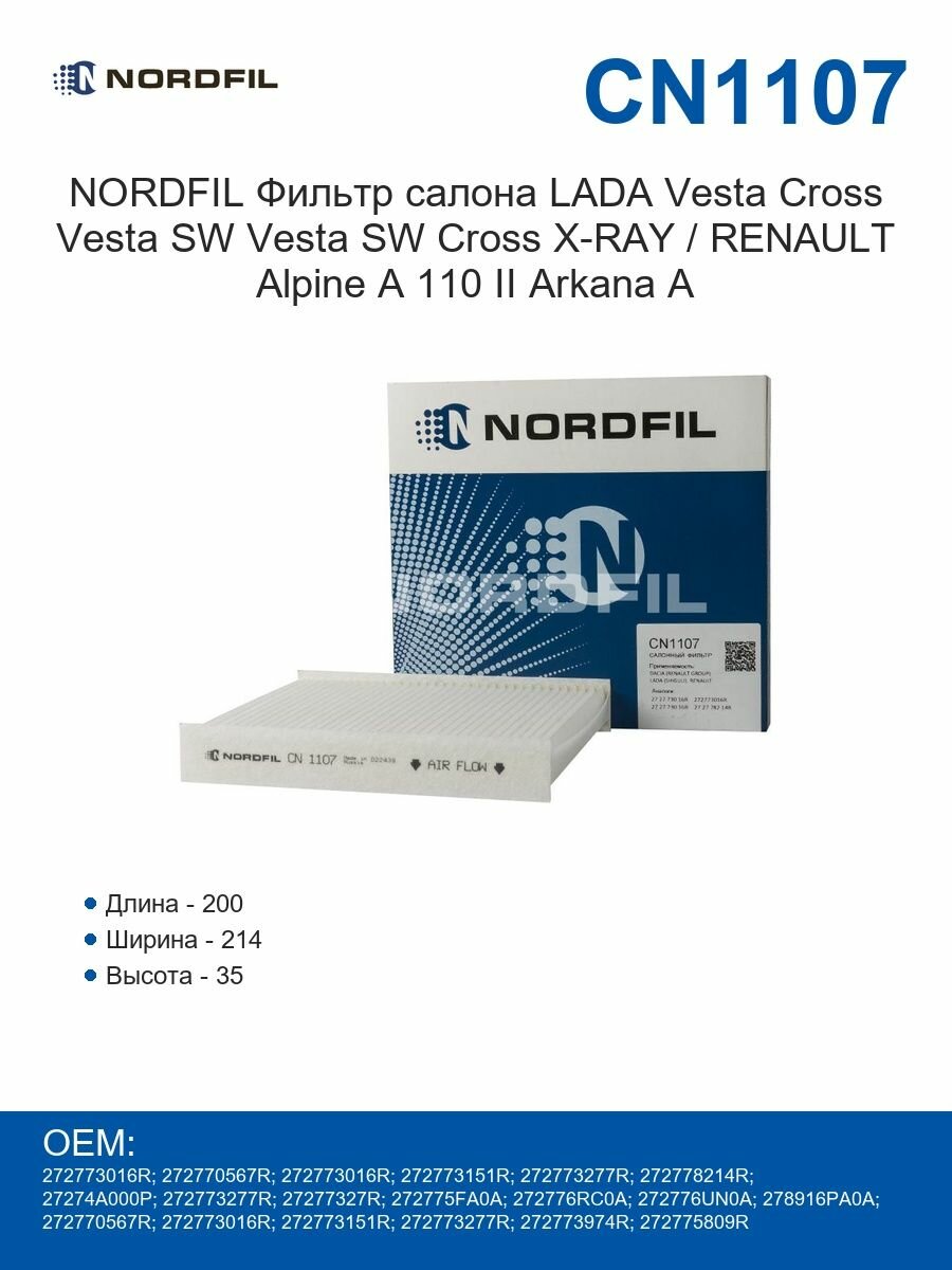 NORDFIL Фильтр салона LADA Vesta Cross Vesta SW Vesta SW Cross X-RAY / RENAULT Alpine A 110 II Arkana A