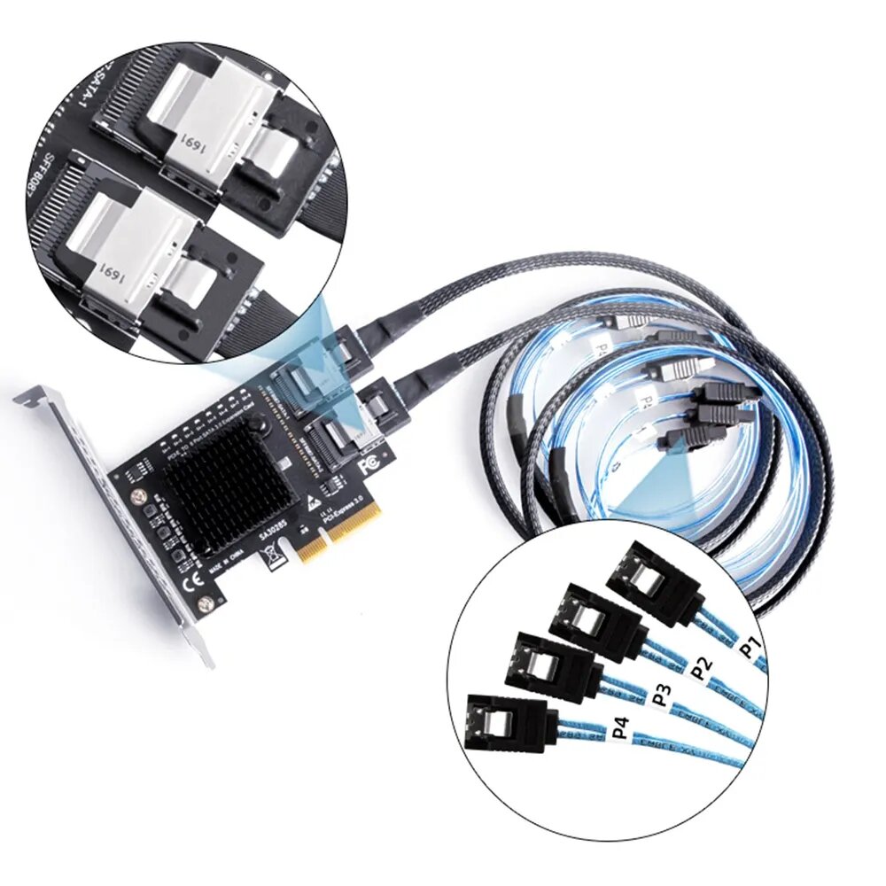 PCIe к SFF 8087 MiniSAS SATA30 8 портов адаптер расширения ASM1166 чип 20Gbps