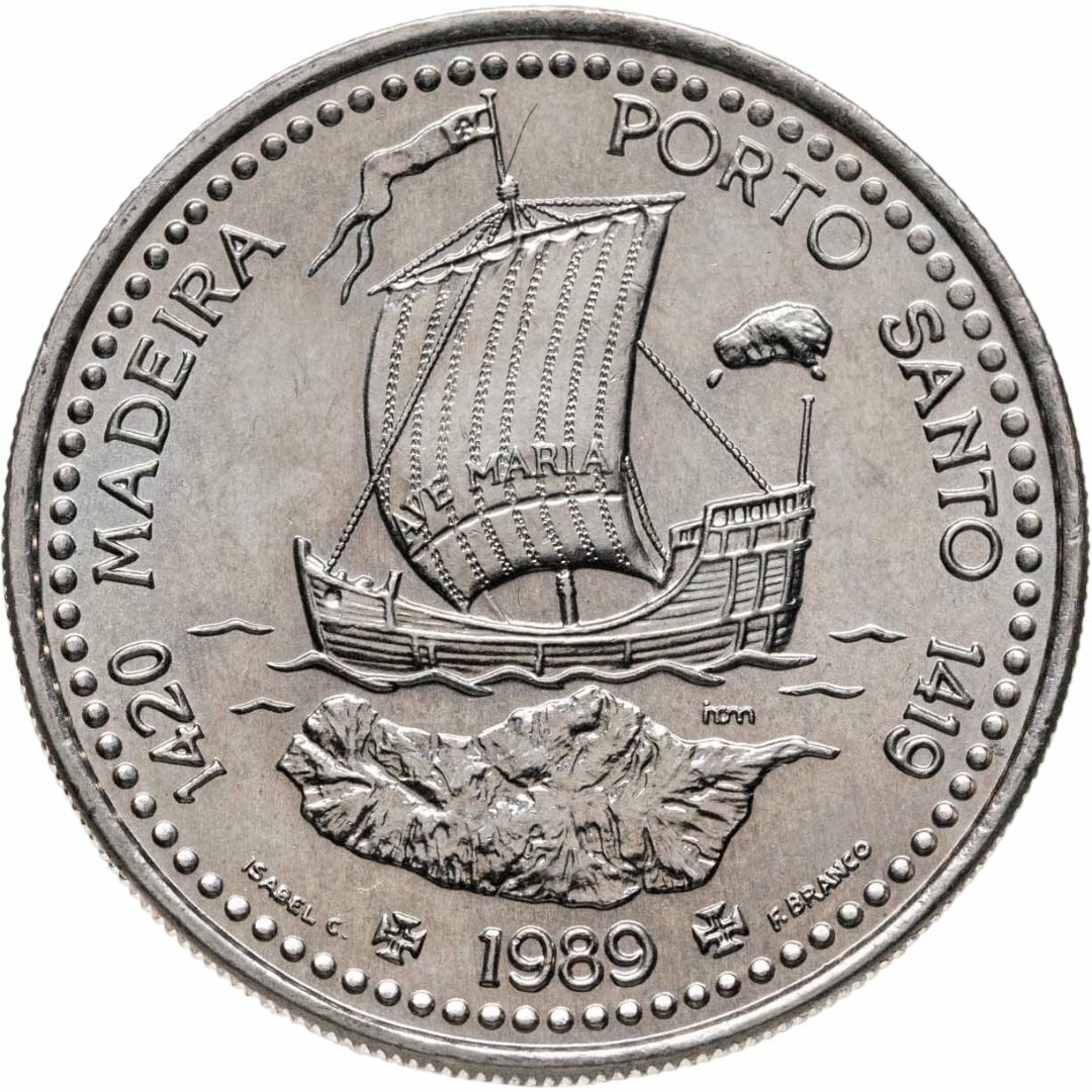 Португалия 100 эскудо escudos 1989 Золотой век открытий - Открытие острова Мадейра, Мельхиор медь-никель, в сохранности AU-UNC