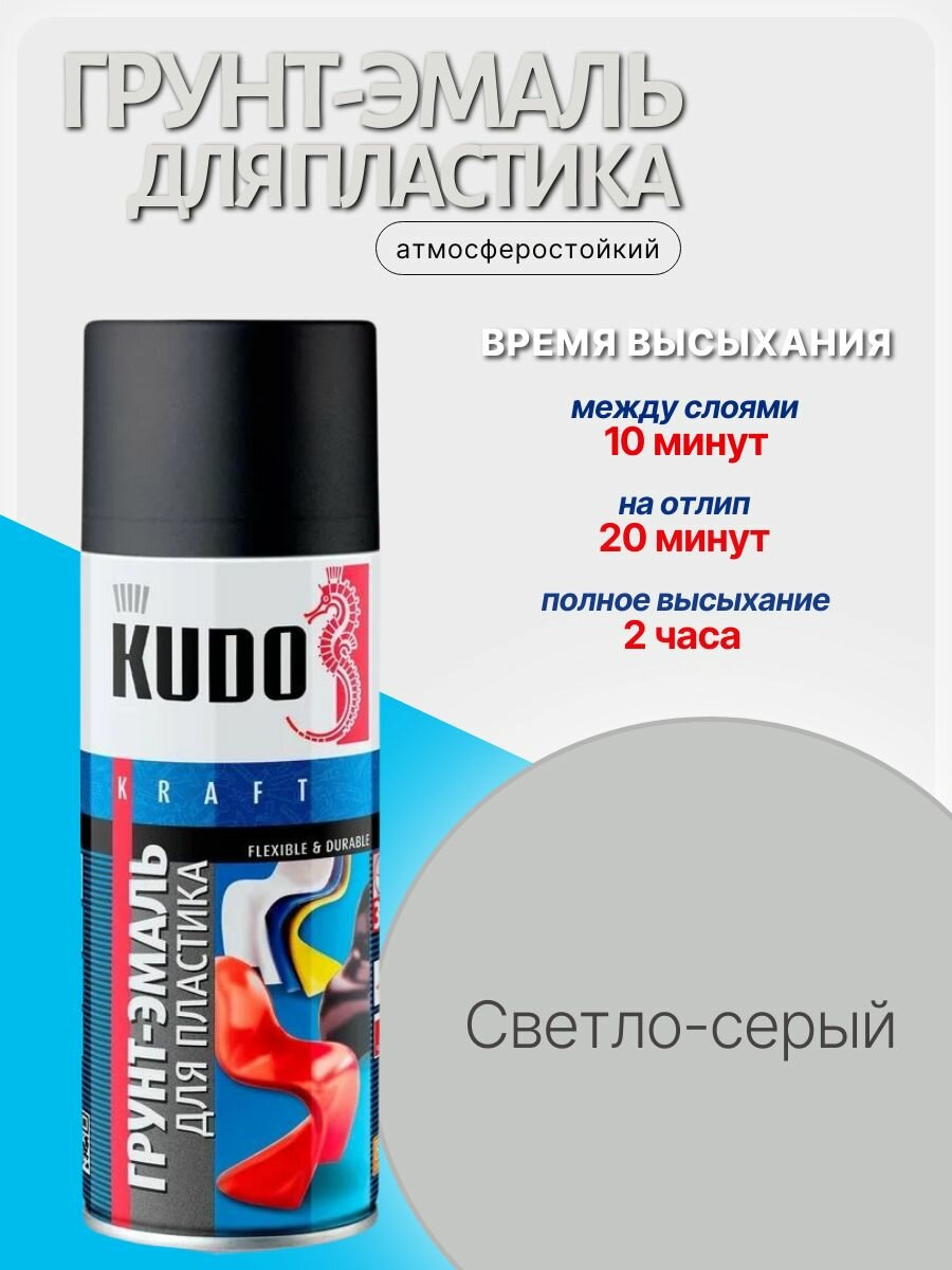 Аэрозоль KUDO грунт-эмаль для пластика быстросохнущая, Серая светлая, 520мл