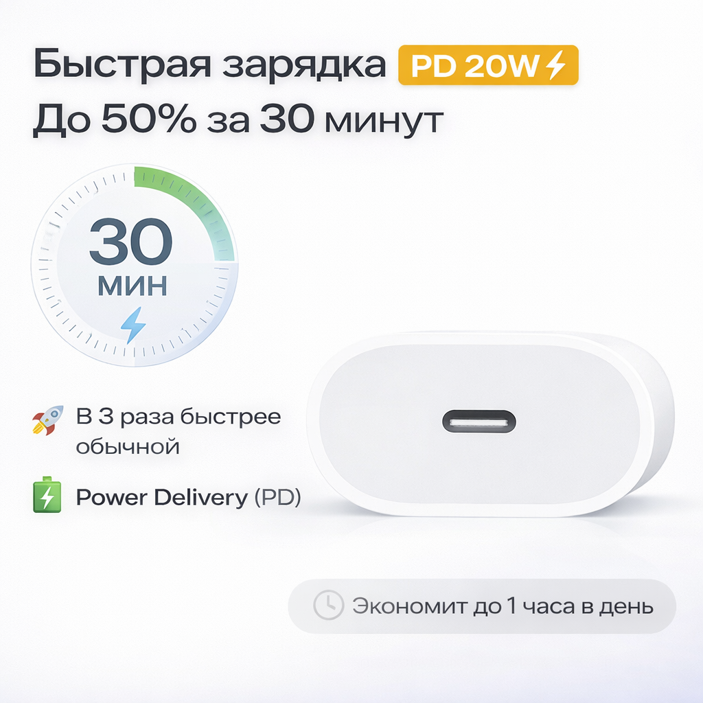 Блок питания Apple, 20W, USB-C, оригинальный, быстрая зарядка
