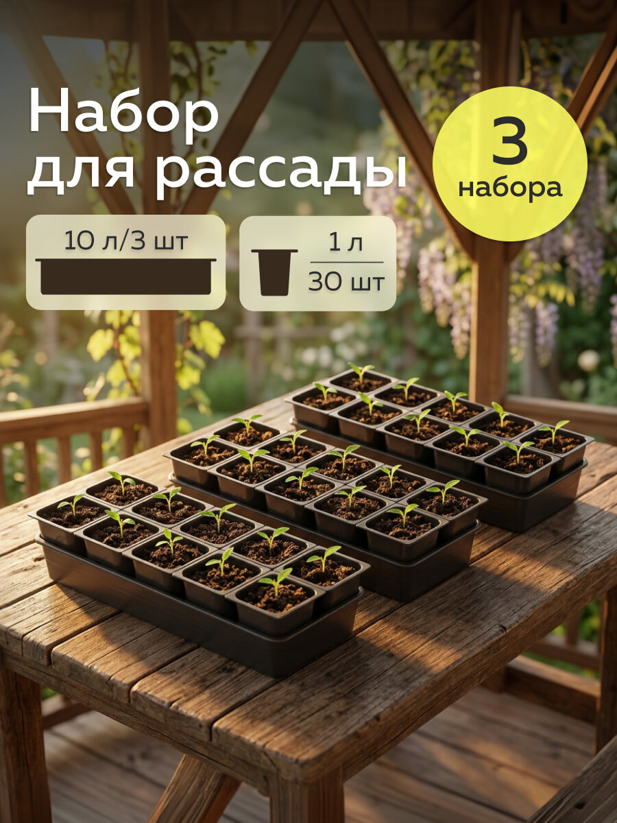 Набор для рассады «Агроном» с поддоном, Альт-Пласт, пластик, чёрный, 1л (30шт), поддон 10л (3шт)