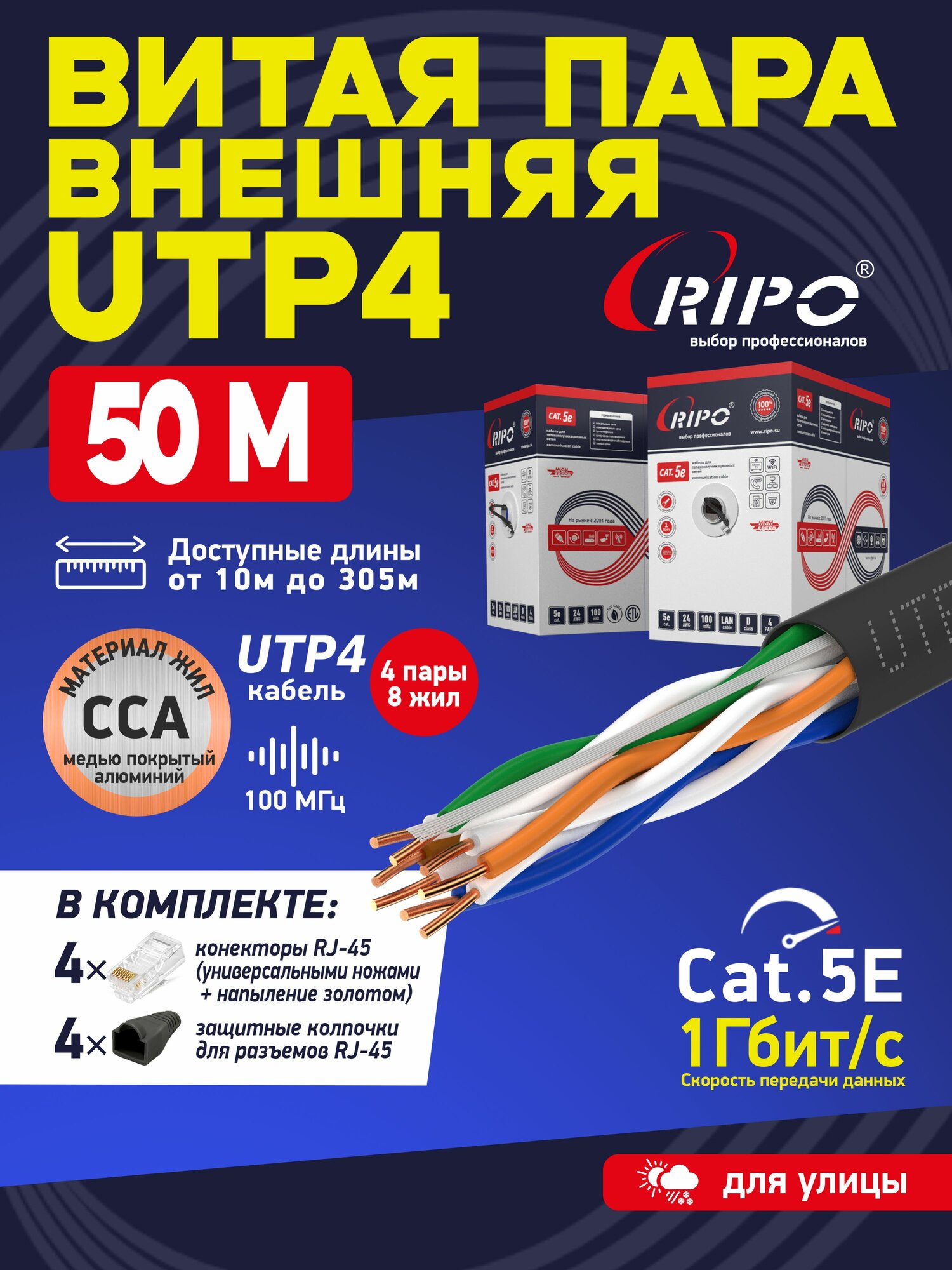 Кабель витая пара для локальной сети LAN UTP4 CAT5E 24AWG CCA PE RIPO outdoor уличный 50 метров 001-112003/50