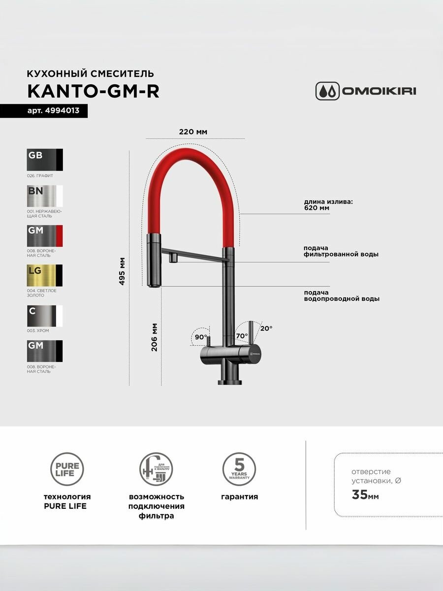 Смеситель для кухни OMOIKIRI Kanto-PVD-GM с подключением фильтра и гибким изливом, красный шланг/вороненая сталь