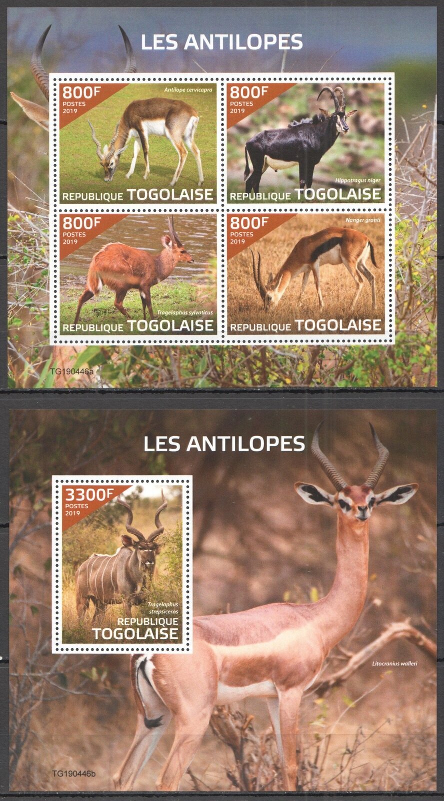 Марки 2019 год Того Антилопы Дикие животные Фауна #7466-7469+Bl1719 Mnh