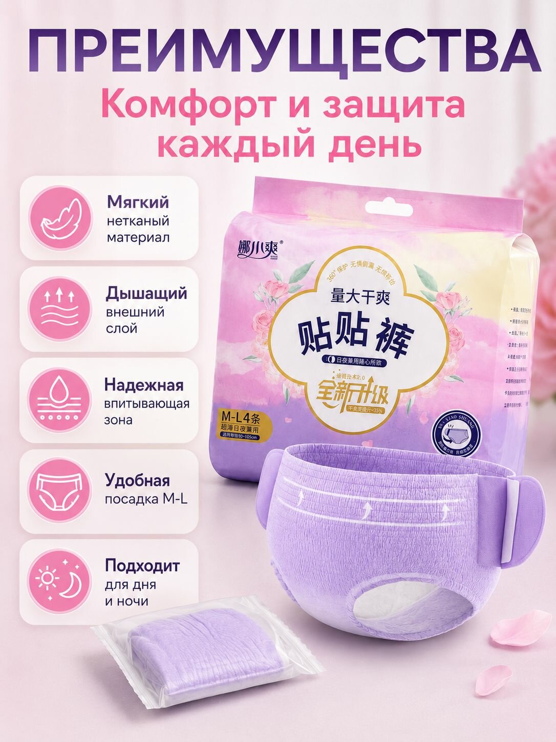 Трусики прокладки для сна женские размер M L, гигиенические ночные подгузники для критических дней, 4 шт