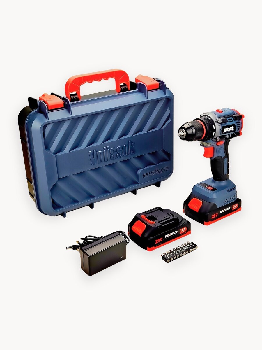 Шуруповёрт Vniissok "V-21", бесщёточный, 2 аккумулятора, Li-ion, кейс