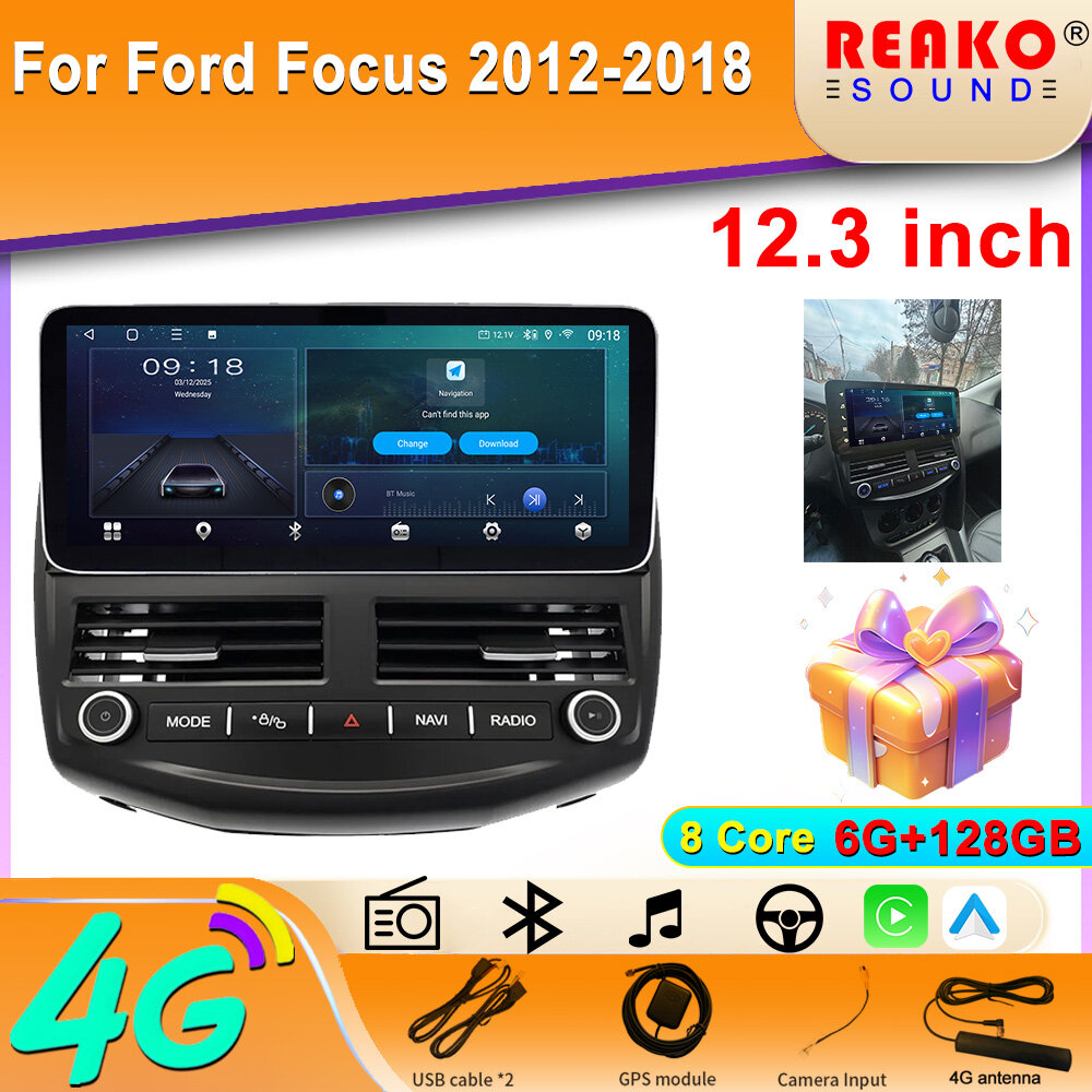 Магнитола для Ford Focus 2012-2018, с камерой заднего вида. IPS экран 12.3 дюймов, Wifi 2din с сенсорным экраном, usb и блютузом.