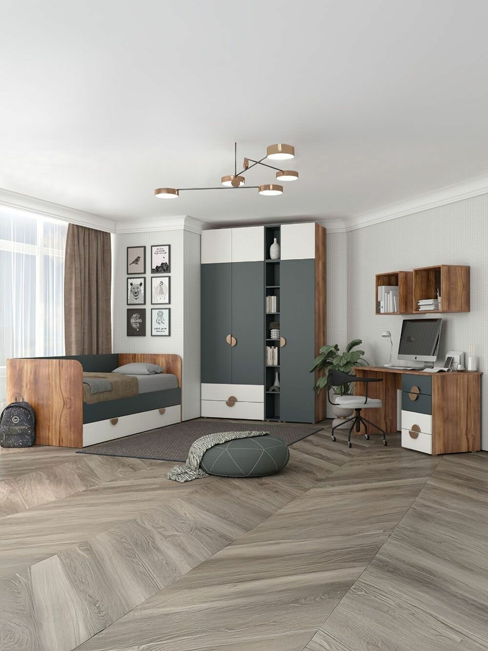 Комплект детской мебели Ридл Макси, кровать, шкафы, стеллаж, письменный стол, настенные полки, Дуб Барокко / Зеленый камень / Белый