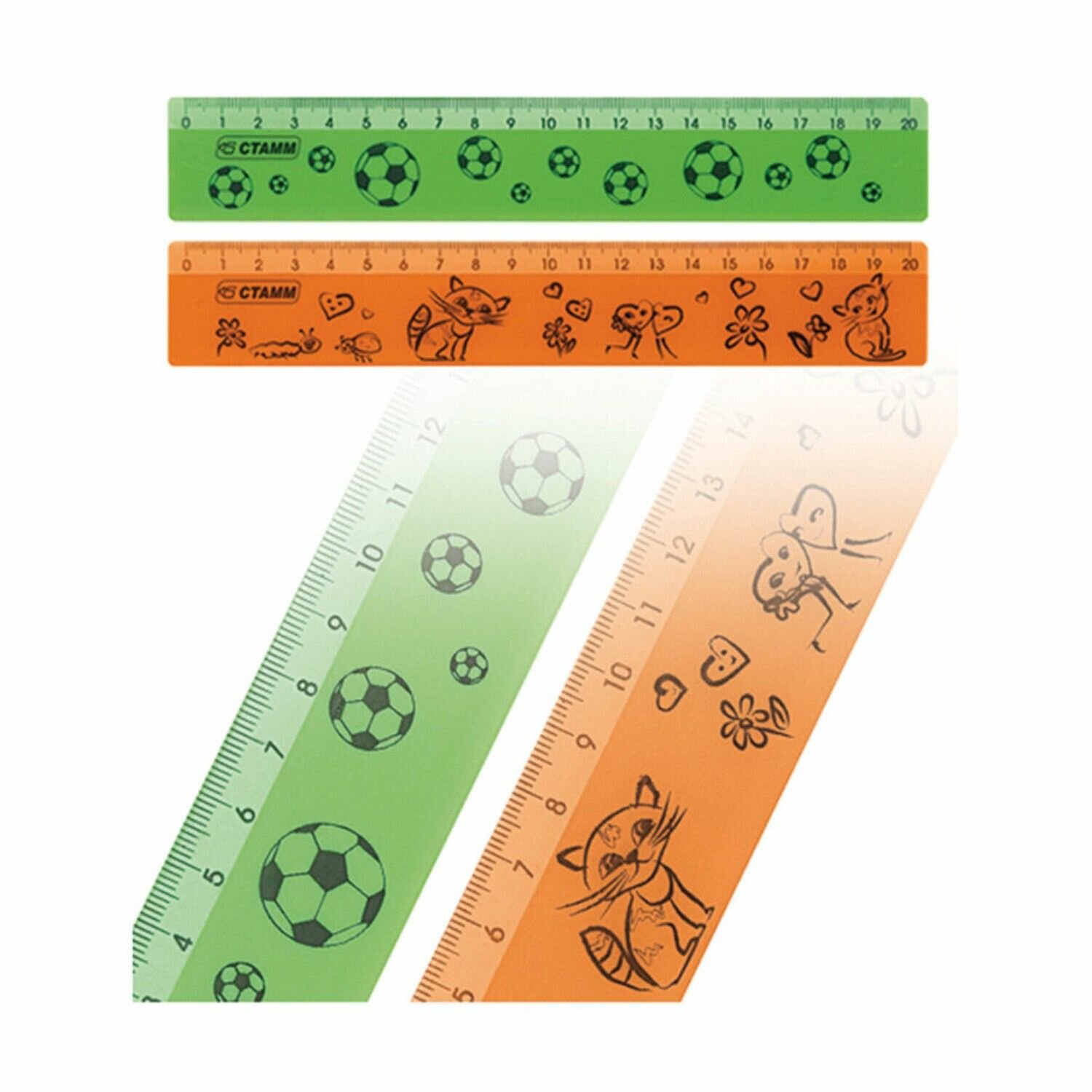 Линейка 20 см флюор. с рисунками. Комплект из 2 штук