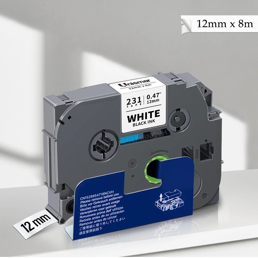 Лента для этикеток Unismar TZe231 6/9/12 мм черная Black on White, 9 мм