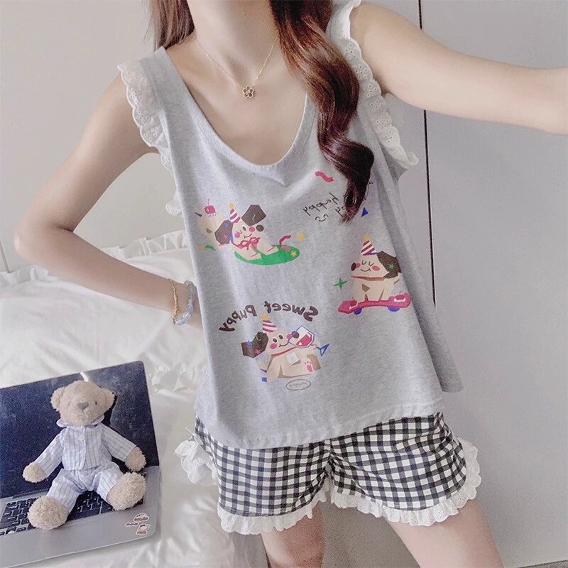 2025 г. Новинка, пижама из чистого хлопка с рисунком и нагрудником, женская летняя модальная безрукавка, симпатичная летняя домашняя одежда