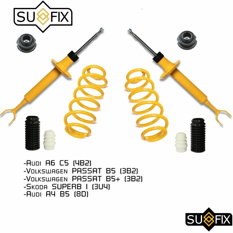 Амортизаторы передней подвески c пружинами, опорами, пыльниками и отбойниками SUFIX для Audi Audi A4 B5, A6 C5, Volkswagen PASSAT B5, Skoda SUPERB I , Ауди A6, Фольксваген Пассат Б5
