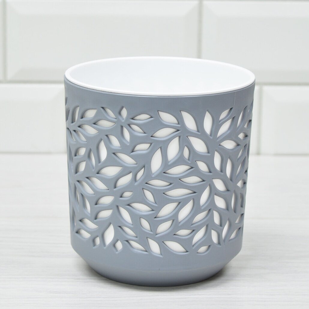 Кашпо 'Leaves' с дренажем, 1,25л, пластик, серо-белый рельефный узор