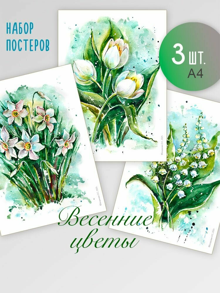 Набор интерьерных постеров "белые тюльпаны, нарциссы, ландыши"