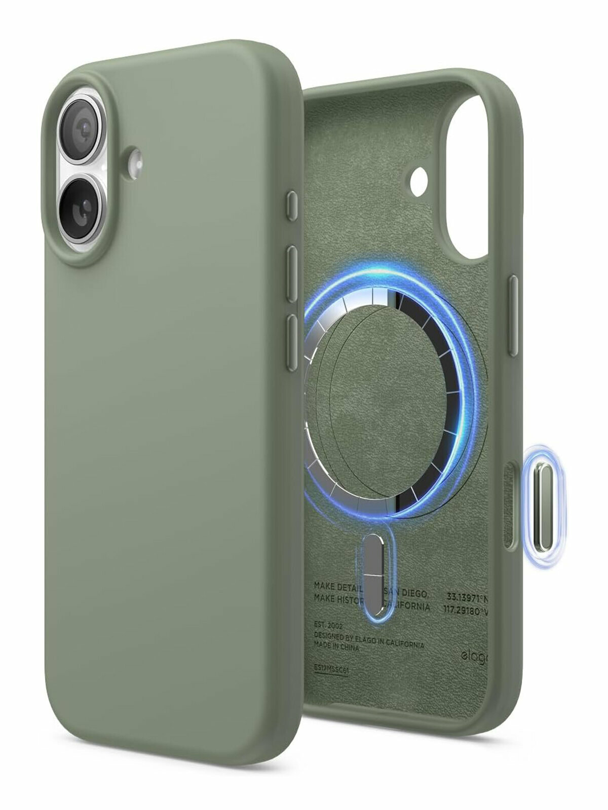 Чехол Elago для iPhone 17, с магнитами MagSafe, силиконовый с покрытием Soft touch, хаки