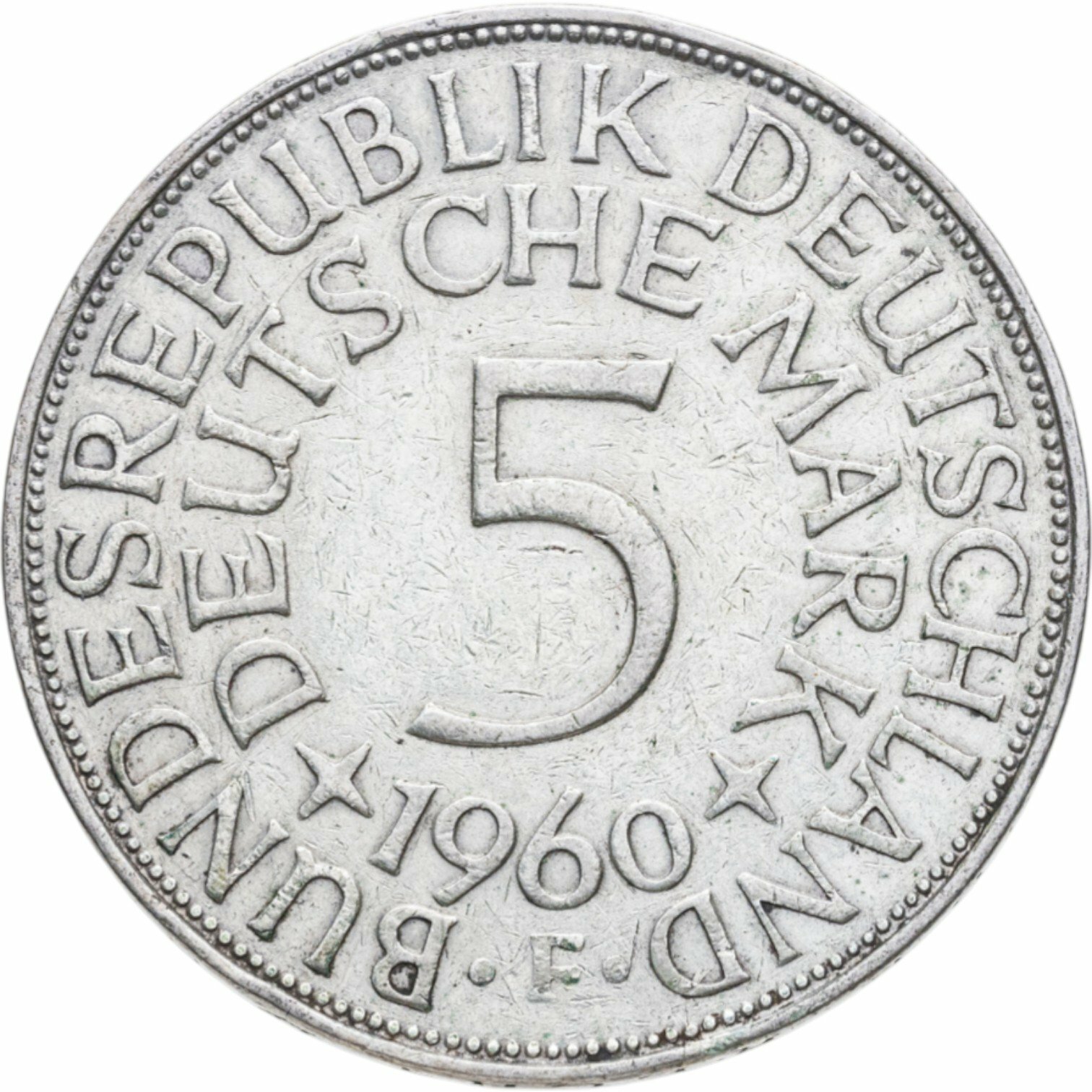 Германия 5 марок 1960 "F", Серебро 625, в сохранности XF