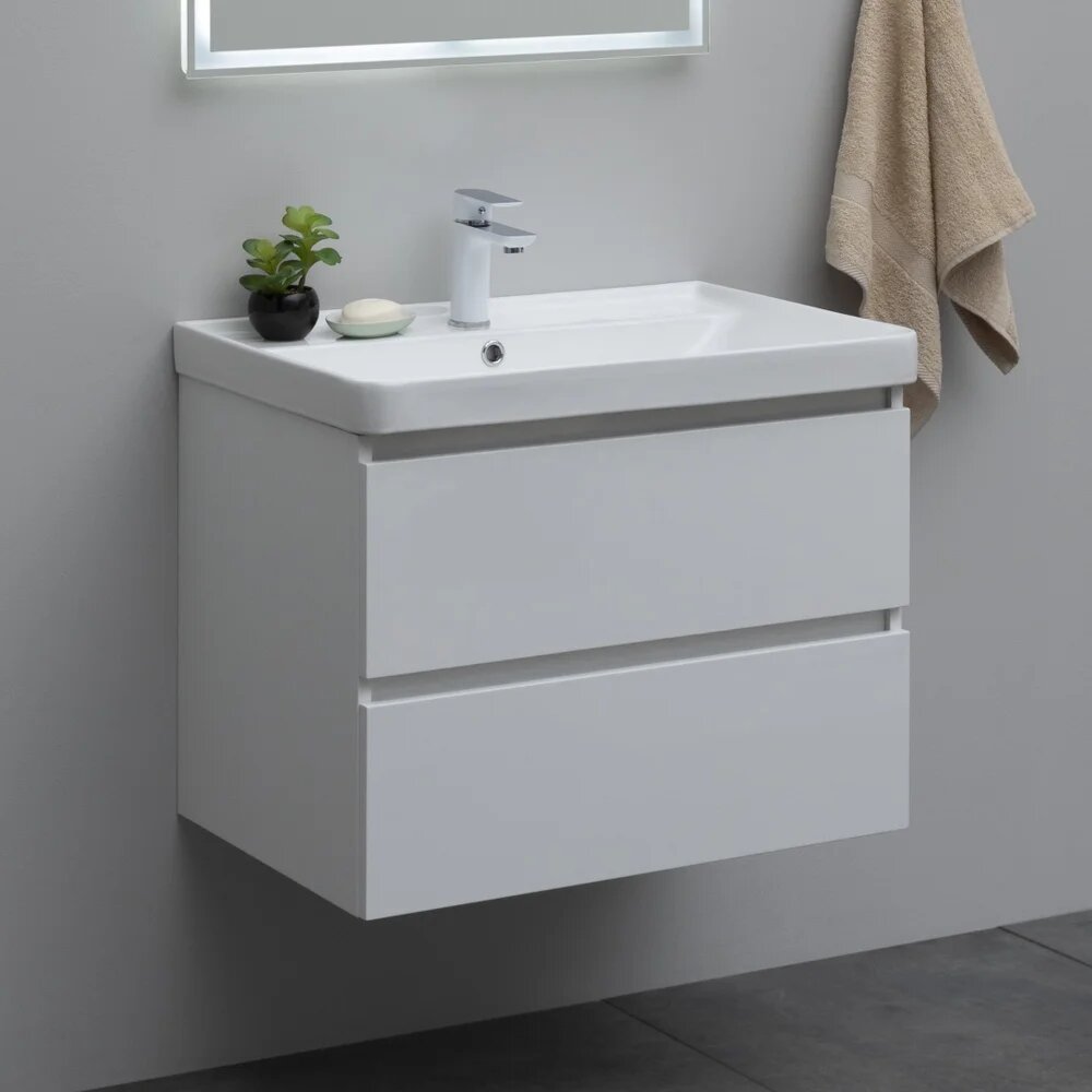 Тумба с раковиной Aquanet Вега подвесная, 71 см, белая, глянцевая, из ЛДСП, с ящиками, раковина для ванной фаянсовая, прямоугольная, встроенный слив-перелив