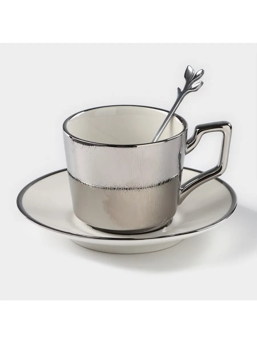 Кофейная пара керамическая «Серебро», 3 предмета: чашка 200