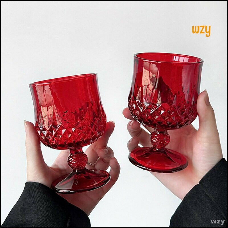 Бокалы для вина ретро, 190 мл, 2 шт, высокие, без свинца, с тиснением "красные бриллианты