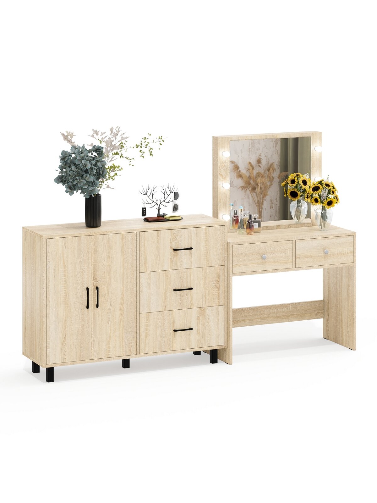 Косметический столик с подсветкой СТ-5 и комод 123-1204, дуб сонома, 210,4х40х136 см.