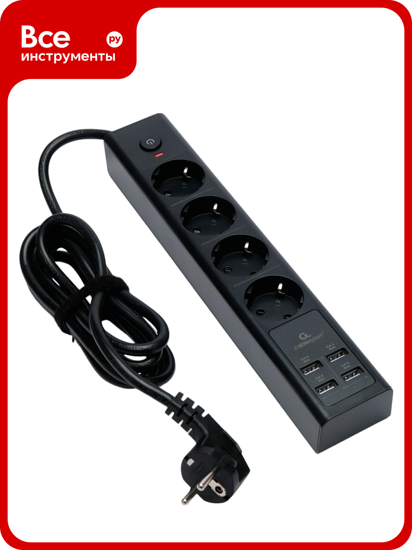 Сетевой фильтр Cablexpert Exnovo 4р, 16А, 4хUSB, 3.4A, 2м, ур. защиты 4+, черный, коробка, EXN-4-U4-B-2